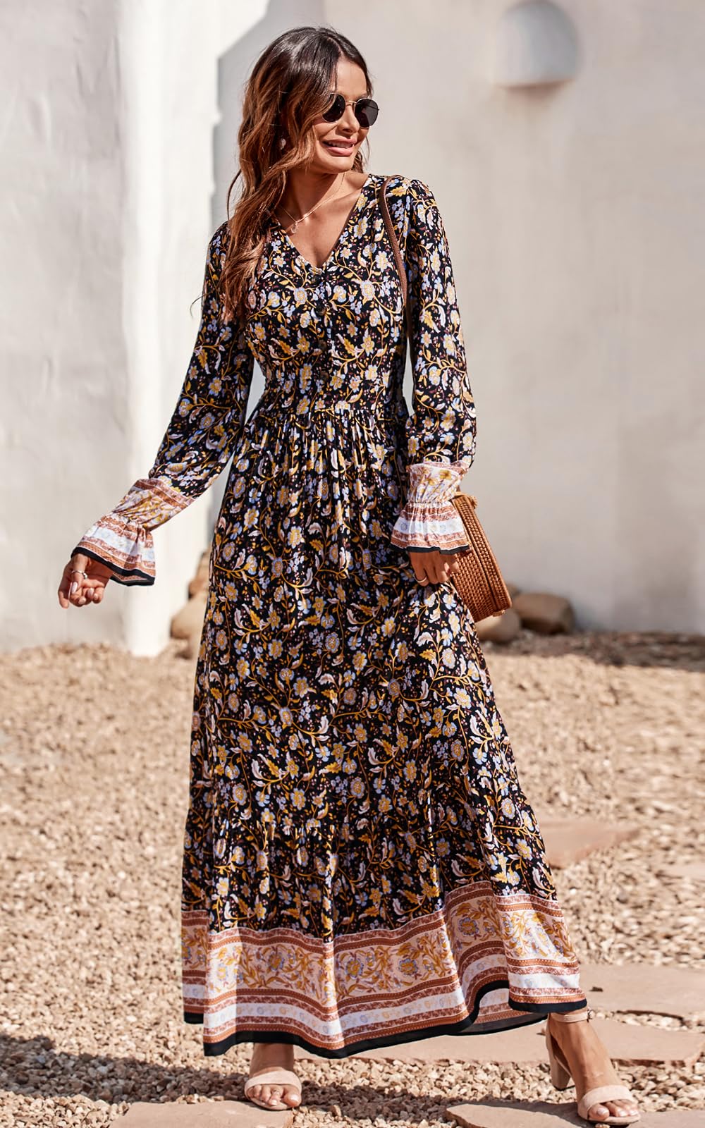 PRETTYGARDEN Long Dress Long Sleeve - Floral Button V Neck Casual Spring Boho Maxi Dresses (Black Yellow,X-Large)