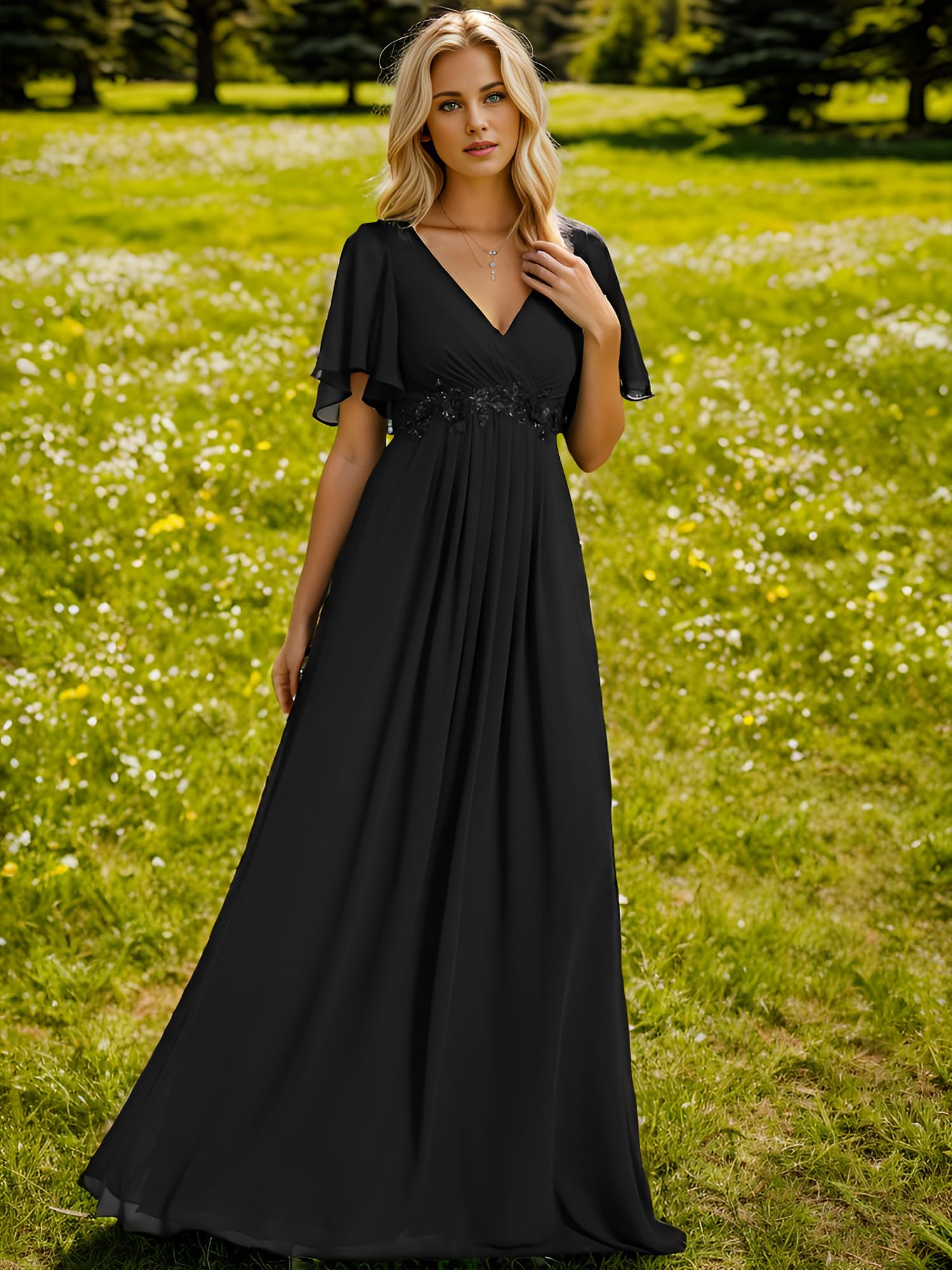 Ever-Pretty Women's Chiffon A-Line Ruched Short Sleeves Applique Waist V Neck Formal Dresses and Evening Gowns Black US20