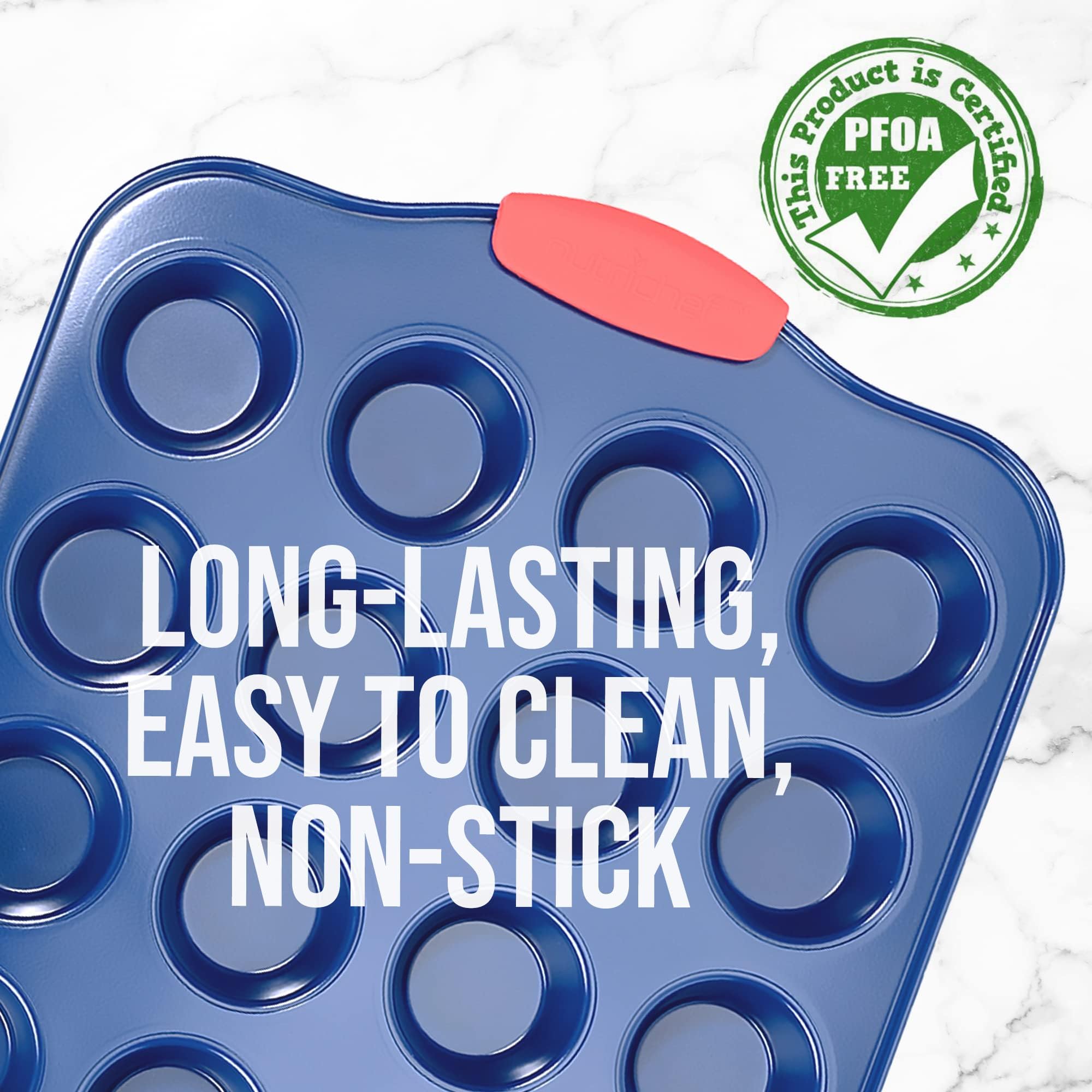 NutriChef 17” Nonstick Mini Muffin Pan - Premium Carbon Steel 24 Cup Baking Tray w/ Red Silicone Handles, Easy to Clean Mini Cupcake Bakewear - Dishwasher Safe, Blue