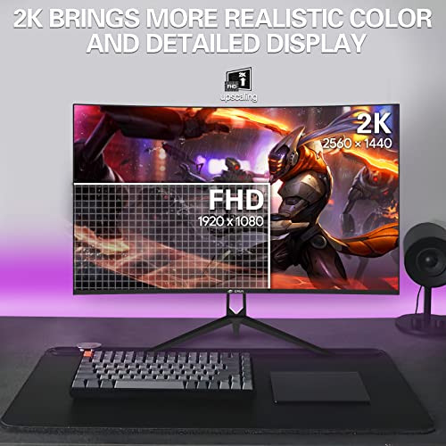 CRUA 27" Curved Gaming Monitor, QHD(2560x1440P) 144Hz/165Hz 99% sRGB Professional Computer Monitors, Support AMD FreeSync, Wall Mountable Installs(HDMI, DP)-Black