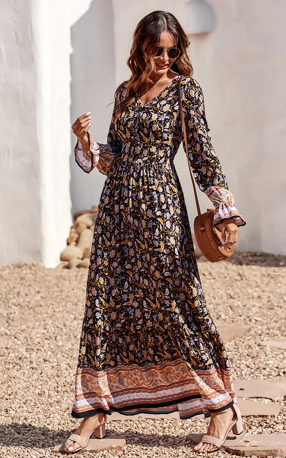 PRETTYGARDEN Long Dress Long Sleeve - Floral Button V Neck Casual Spring Boho Maxi Dresses (Black Yellow,X-Large)