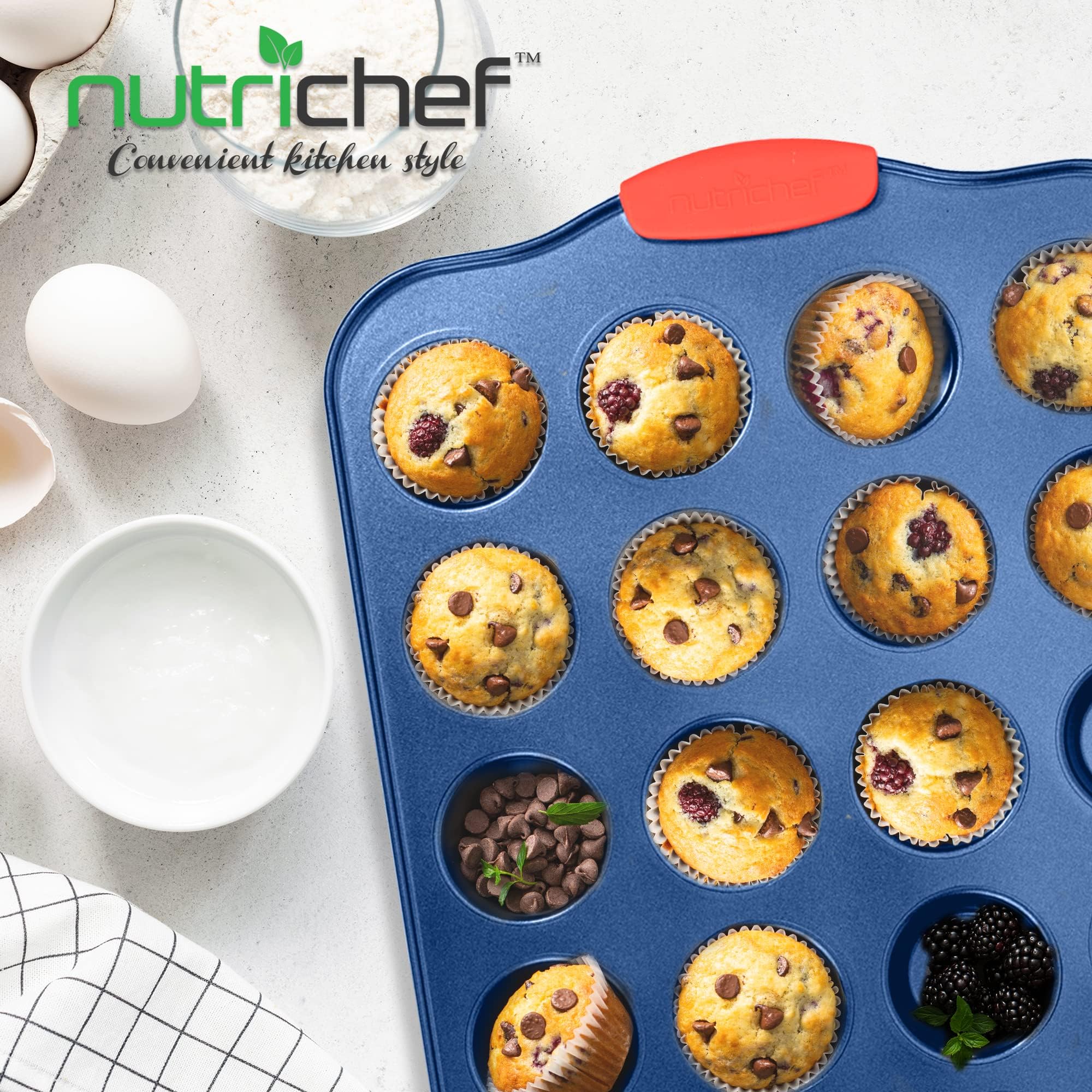NutriChef 17” Nonstick Mini Muffin Pan - Premium Carbon Steel 24 Cup Baking Tray w/ Red Silicone Handles, Easy to Clean Mini Cupcake Bakewear - Dishwasher Safe, Blue