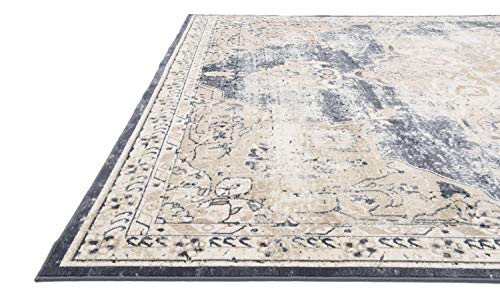 Unique Loom Chateau Collection Vintage, Distressed, Medallion, Rustic, Traditional Area Rug, 8' 0" x 10' 0", Beige/Navy Blue