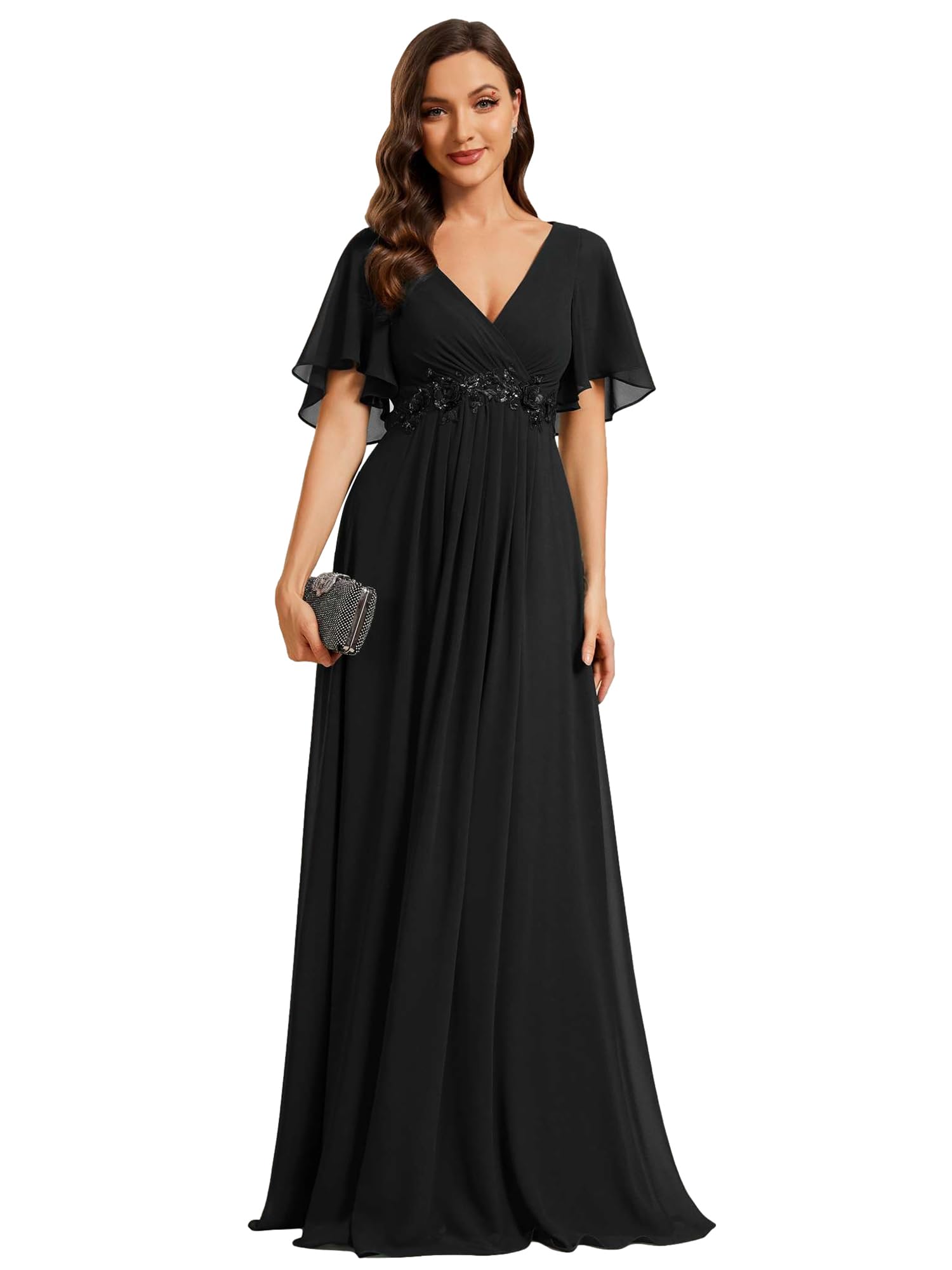 Ever-Pretty Women's Chiffon A-Line Ruched Short Sleeves Applique Waist V Neck Formal Dresses and Evening Gowns Black US20