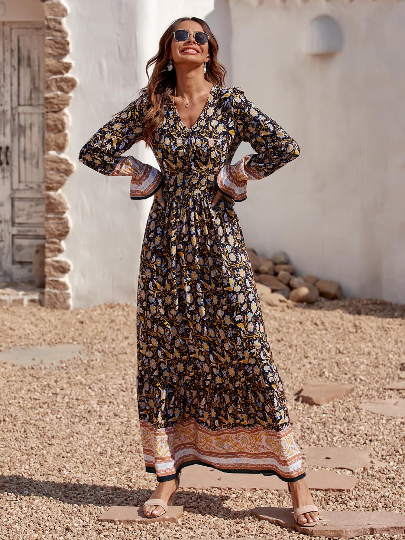PRETTYGARDEN Long Dress Long Sleeve - Floral Button V Neck Casual Spring Boho Maxi Dresses (Black Yellow,X-Large)