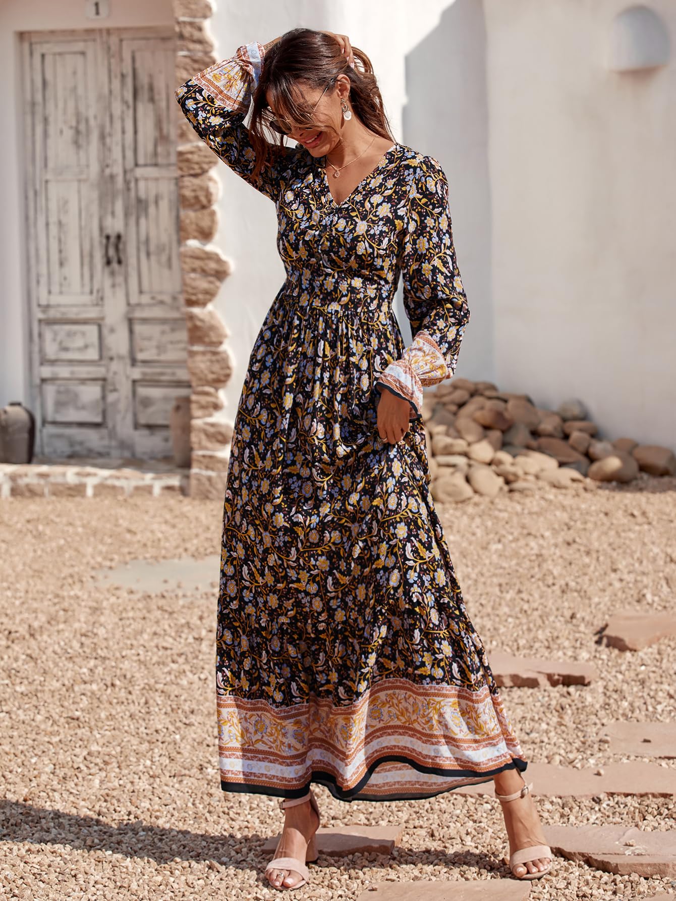 PRETTYGARDEN Long Dress Long Sleeve - Floral Button V Neck Casual Spring Boho Maxi Dresses (Black Yellow,X-Large)