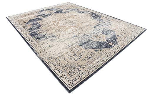 Unique Loom Chateau Collection Vintage, Distressed, Medallion, Rustic, Traditional Area Rug, 8' 0" x 10' 0", Beige/Navy Blue