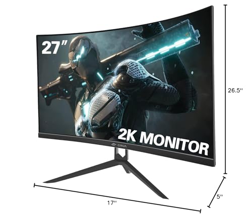 CRUA 27" Curved Gaming Monitor, QHD(2560x1440P) 144Hz/165Hz 99% sRGB Professional Computer Monitors, Support AMD FreeSync, Wall Mountable Installs(HDMI, DP)-Black