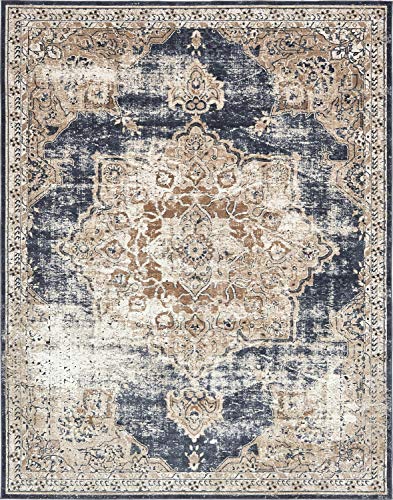 Unique Loom Chateau Collection Vintage, Distressed, Medallion, Rustic, Traditional Area Rug, 8' 0" x 10' 0", Beige/Navy Blue