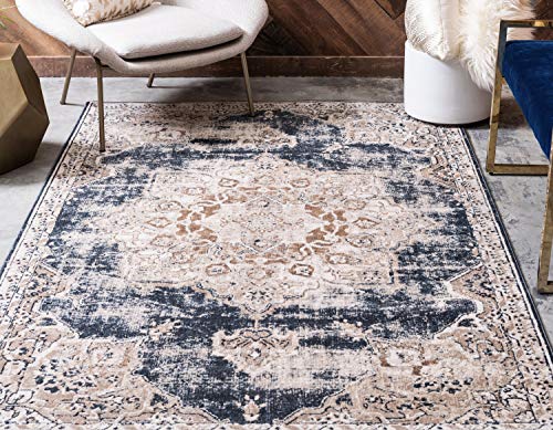 Unique Loom Chateau Collection Vintage, Distressed, Medallion, Rustic, Traditional Area Rug, 8' 0" x 10' 0", Beige/Navy Blue