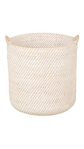 Kouboo Laguna Round Ear Handles, White-Wash Rattan Storage Basket