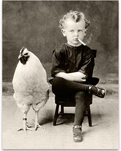 Bizarre Strange Weird Decor Vintage Boy with Quirky Giant Chicken Poster - 11x14 Unframed Vintage Print - Perfect Oddities, Curiosities Goth Decor Home, Bathroom Goth Room Decor