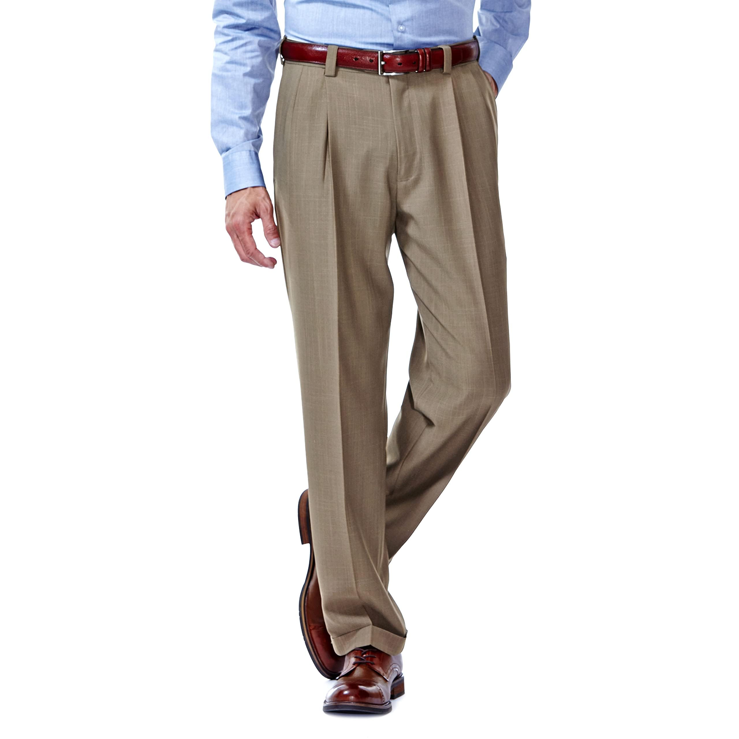 Haggar mens Eclo Stria Expandable-waist Pleat-front dress pants, Khaki, 38W x 32L US