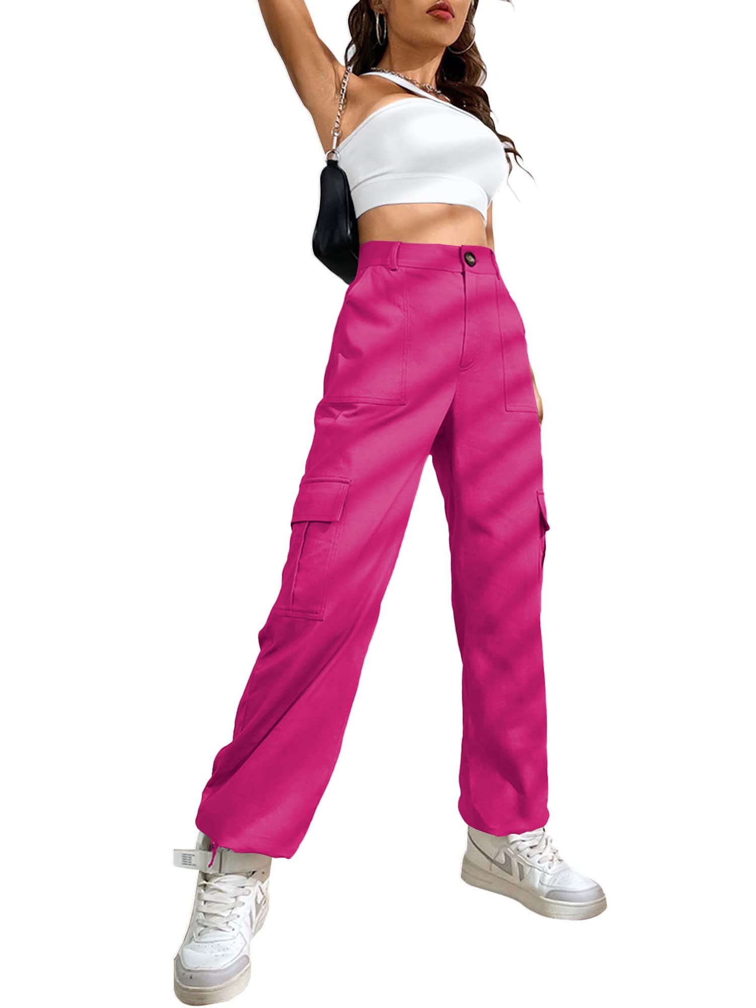MSBASIC Cargo Pants for Women Casual Fashion Y2K High Waisted Baggy Pink Parachute Pants