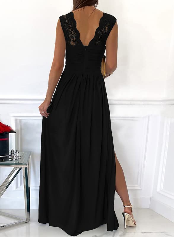 Dokotoo Womens Ladies Elegant Floor Length A Line Wrap Deep V Neck Backless Ruched Pleated Ruffled Split Long Maxi Formal Evening Party Prom Dress Bridesmaid Wedding Guest Dresses Black M