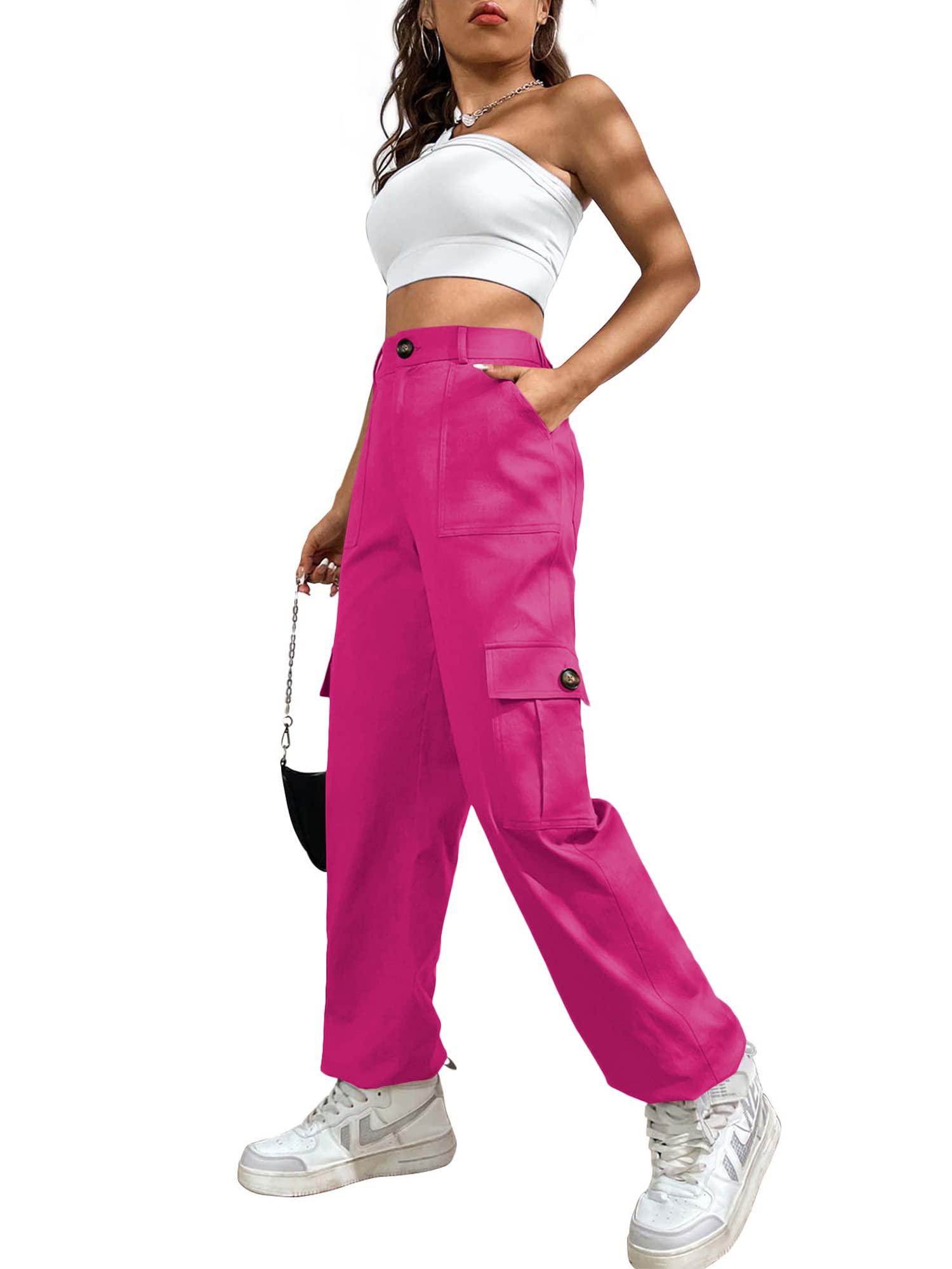 MSBASIC Cargo Pants for Women Casual Fashion Y2K High Waisted Baggy Pink Parachute Pants