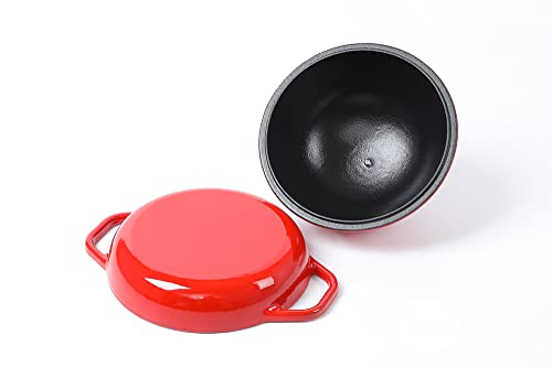 HAWOK Cast Iron Bread Cloche, Dia. 7.8inch/20cm, with Proofing Basket and Dough Scoring Knife, Sourdough Baking Pan Enameled Red