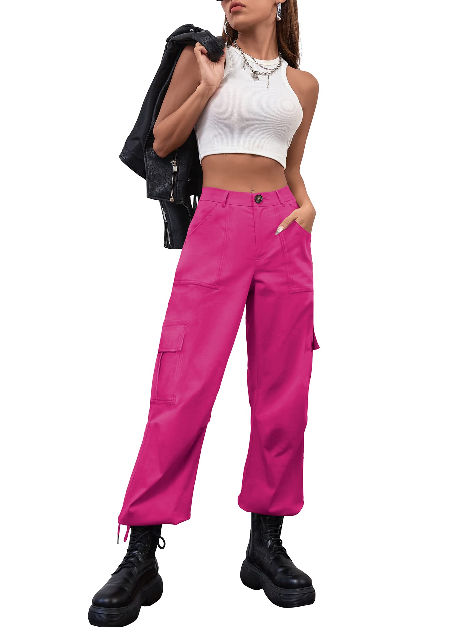 MSBASIC Cargo Pants for Women Casual Fashion Y2K High Waisted Baggy Pink Parachute Pants