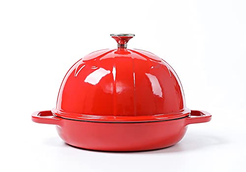 HAWOK Cast Iron Bread Cloche, Dia. 7.8inch/20cm, with Proofing Basket and Dough Scoring Knife, Sourdough Baking Pan Enameled Red