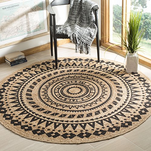 SAFAVIEH Natural Fiber Round Collection 5' Round Black NF802K Handmade Boho Mandala Braided Jute Area Rug