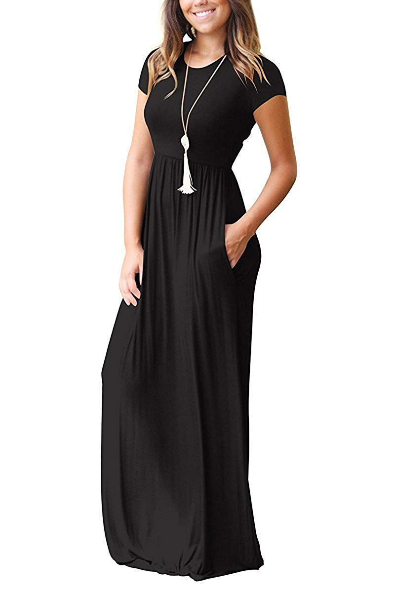 MISFAY Women Short Sleeve Loose Plain Maxi Dresses Casual Long Dresses Pockets(Black,L)