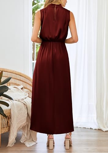 PRETTYGARDEN Women's Long Formal Satin Dress Mock Neck Sleeveless Side Slit Flowy Maxi Tank Dresses (Deep Red,Medium)