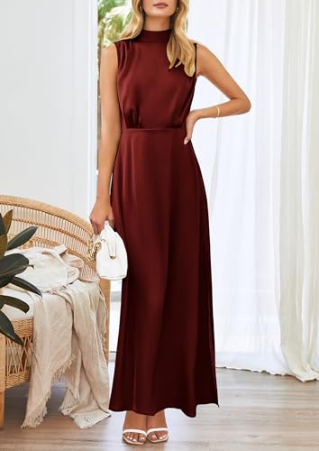 PRETTYGARDEN Women's Long Formal Satin Dress Mock Neck Sleeveless Side Slit Flowy Maxi Tank Dresses (Deep Red,Medium)