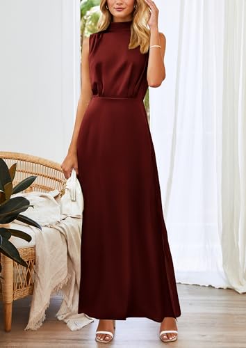 PRETTYGARDEN Women's Long Formal Satin Dress Mock Neck Sleeveless Side Slit Flowy Maxi Tank Dresses (Deep Red,Medium)