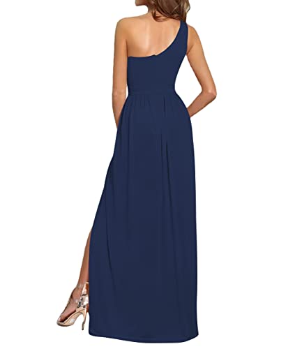 LYANER Women's One Shoulder High Split Sleeveless Ruched Cocktail Sexy Maxi Long Dress Navy Blue Small