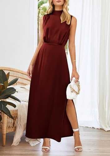 PRETTYGARDEN Women's Long Formal Satin Dress Mock Neck Sleeveless Side Slit Flowy Maxi Tank Dresses (Deep Red,Medium)