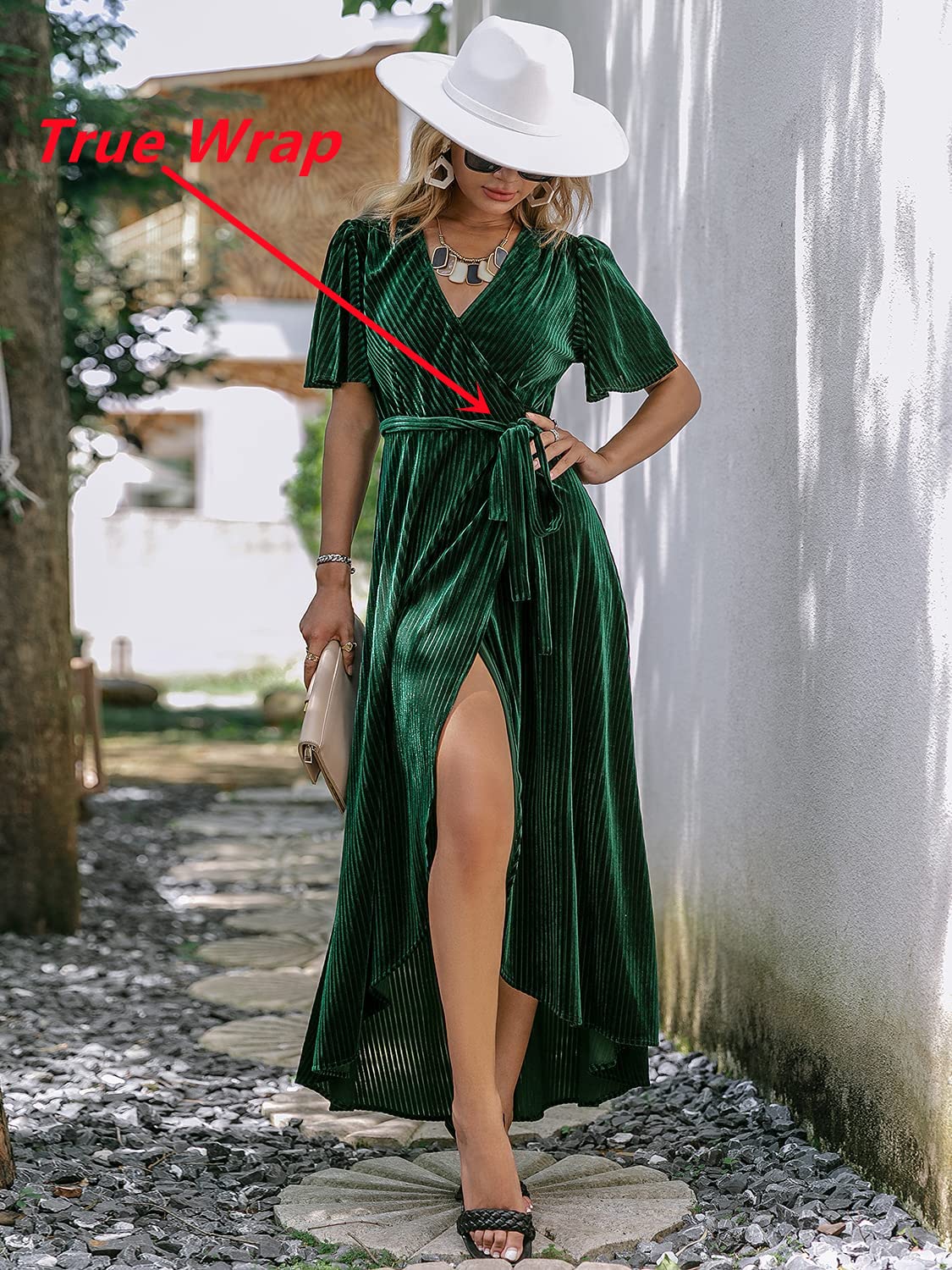 BerryGo Women's Semi Formal Velvet Wrap Dress Prom Cocktail Short Sleeve Swing Long Maxi Dress Emerald Green S
