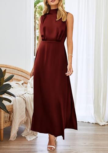 PRETTYGARDEN Women's Long Formal Satin Dress Mock Neck Sleeveless Side Slit Flowy Maxi Tank Dresses (Deep Red,Medium)
