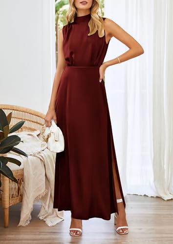 PRETTYGARDEN Women's Long Formal Satin Dress Mock Neck Sleeveless Side Slit Flowy Maxi Tank Dresses (Deep Red,Medium)