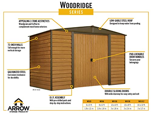 Arrow Shed WR86 Arrow Woodridge Low Gable Steel, Coffee/Woodgrain 8 x 6 ft. Storage Shed