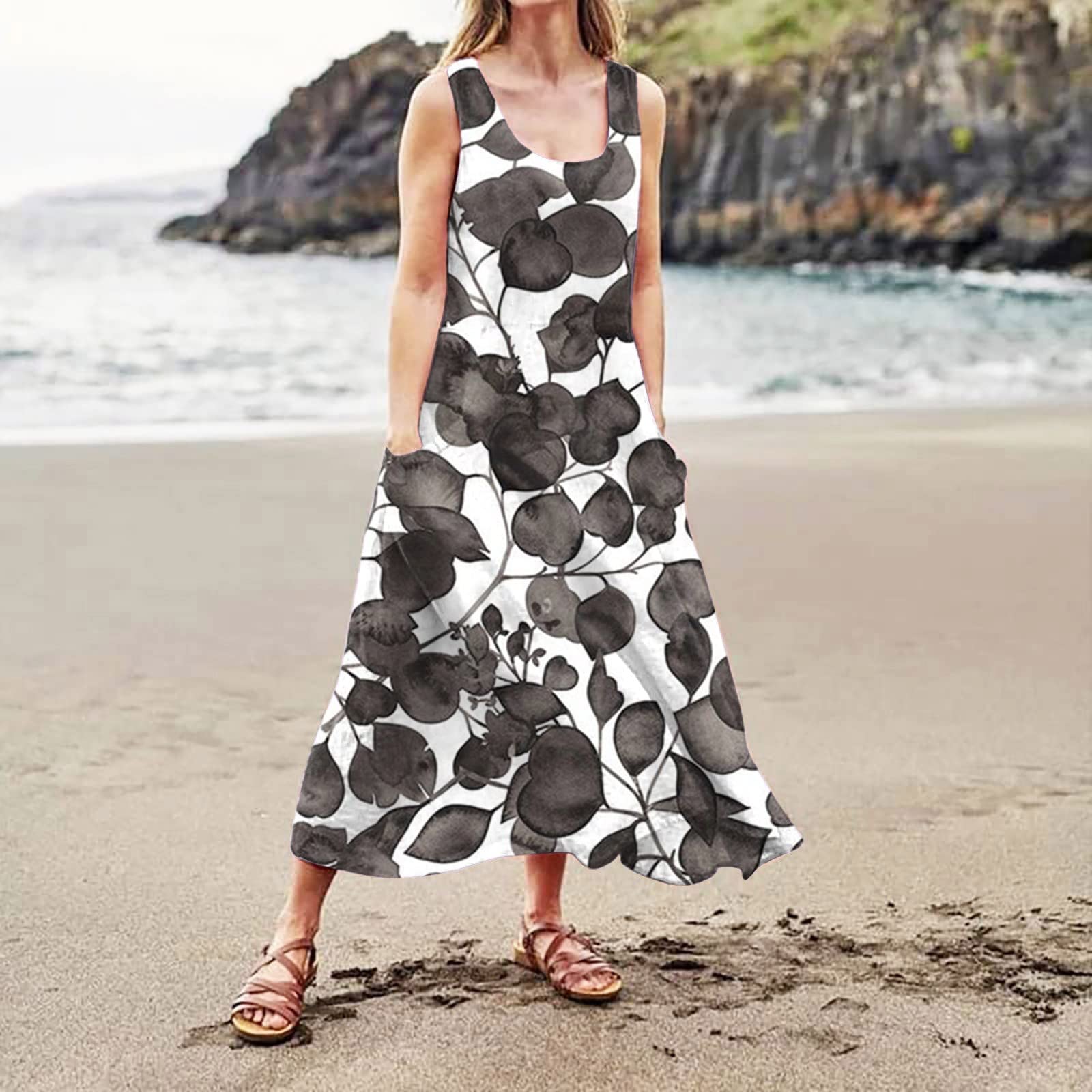 Women's Summer Casual Sleeveless Halter Long Maxi Beach Dress Womens Plus Size Casual Dresses for Fall Dark Gray