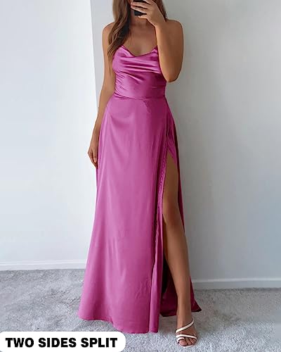 PRETTYGARDEN Women Summer Sexy Cowl Neck Spaghetti Strap Sleeveless Long Satin Dress Slit Club Slip Maxi Dresses 2023(Solid Purple,Small)