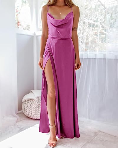 PRETTYGARDEN Women Summer Sexy Cowl Neck Spaghetti Strap Sleeveless Long Satin Dress Slit Club Slip Maxi Dresses 2023(Solid Purple,Small)