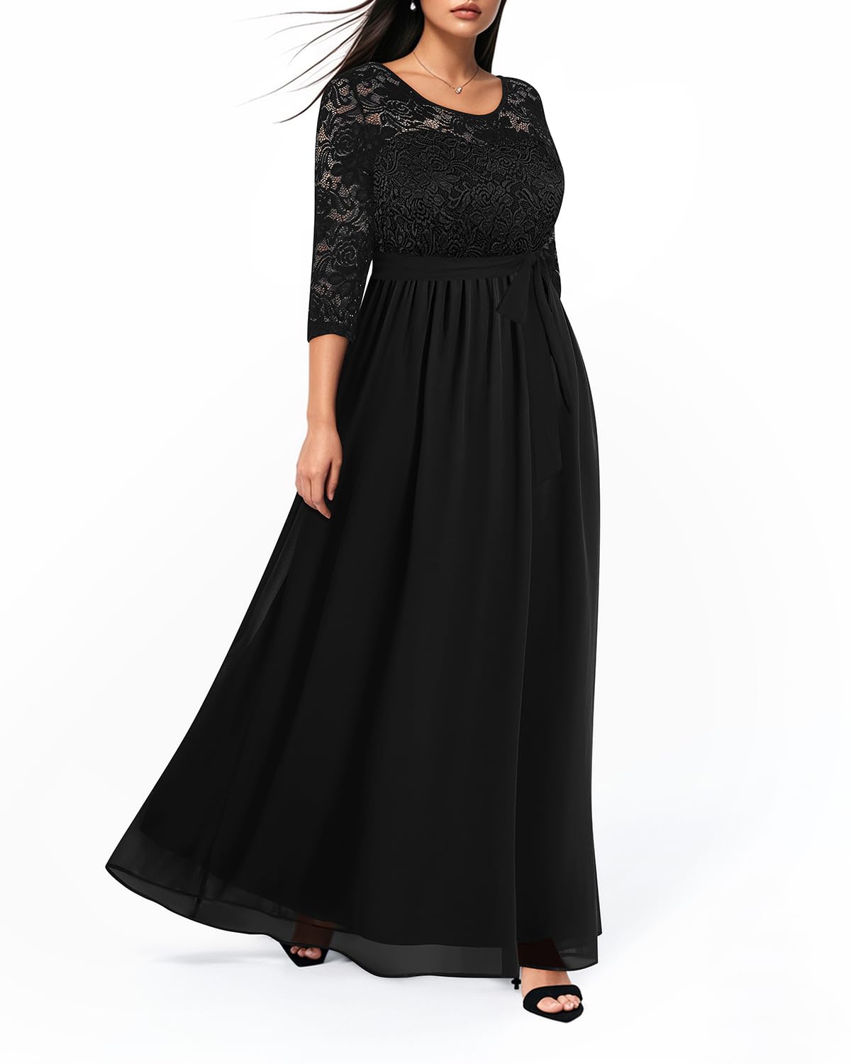 Plus Size Black Formal Gowns Evening Dresses Lace Wedding Prom Party 3/4 Sleeve Long Maxi Elegant Dresses for Women