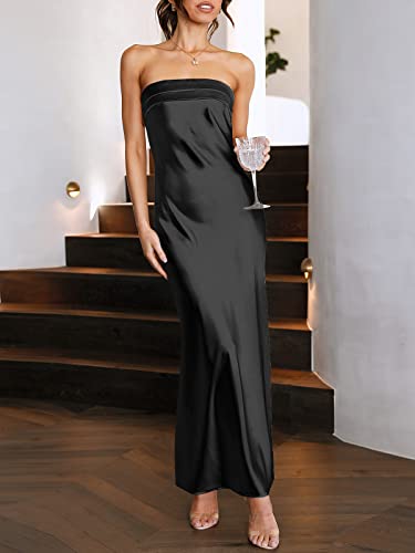 ANRABESS Women Summer Wedding Guest Maxi Dress Strapless Satin Tube Bodycon Backless Cocktail Formal Dresses 2025 Spring Black