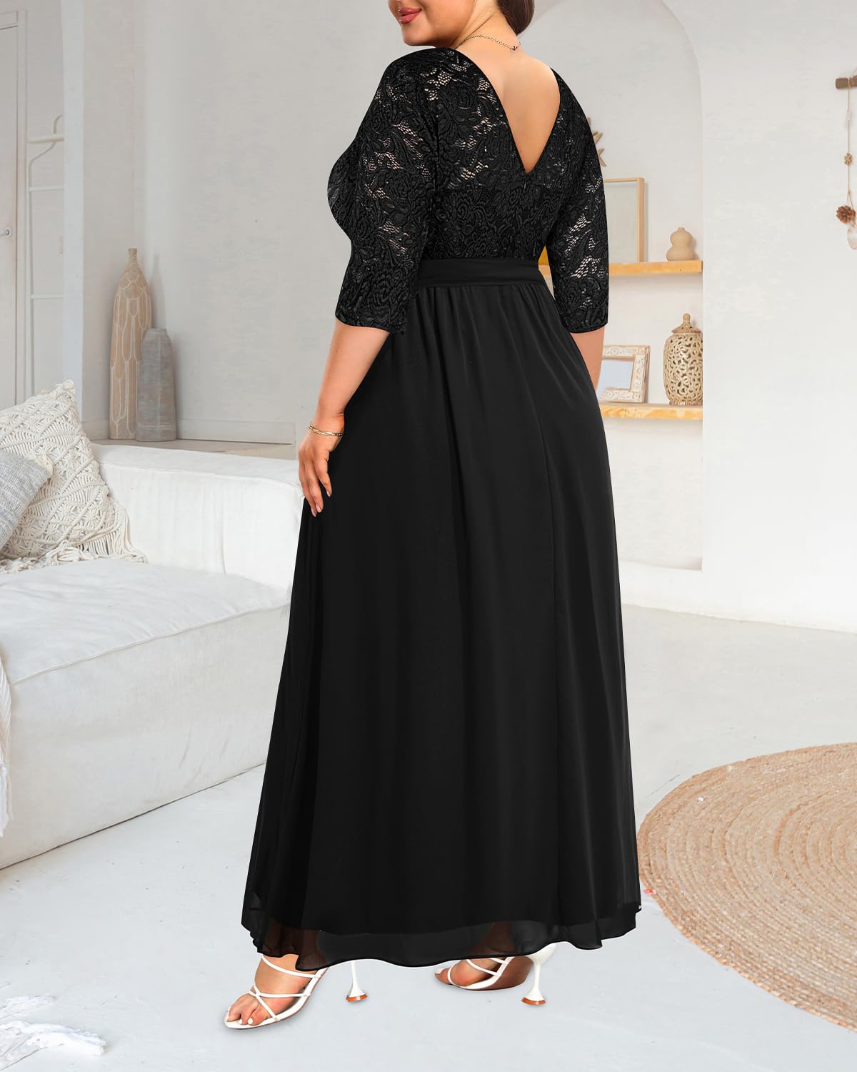 Plus Size Black Formal Gowns Evening Dresses Lace Wedding Prom Party 3/4 Sleeve Long Maxi Elegant Dresses for Women