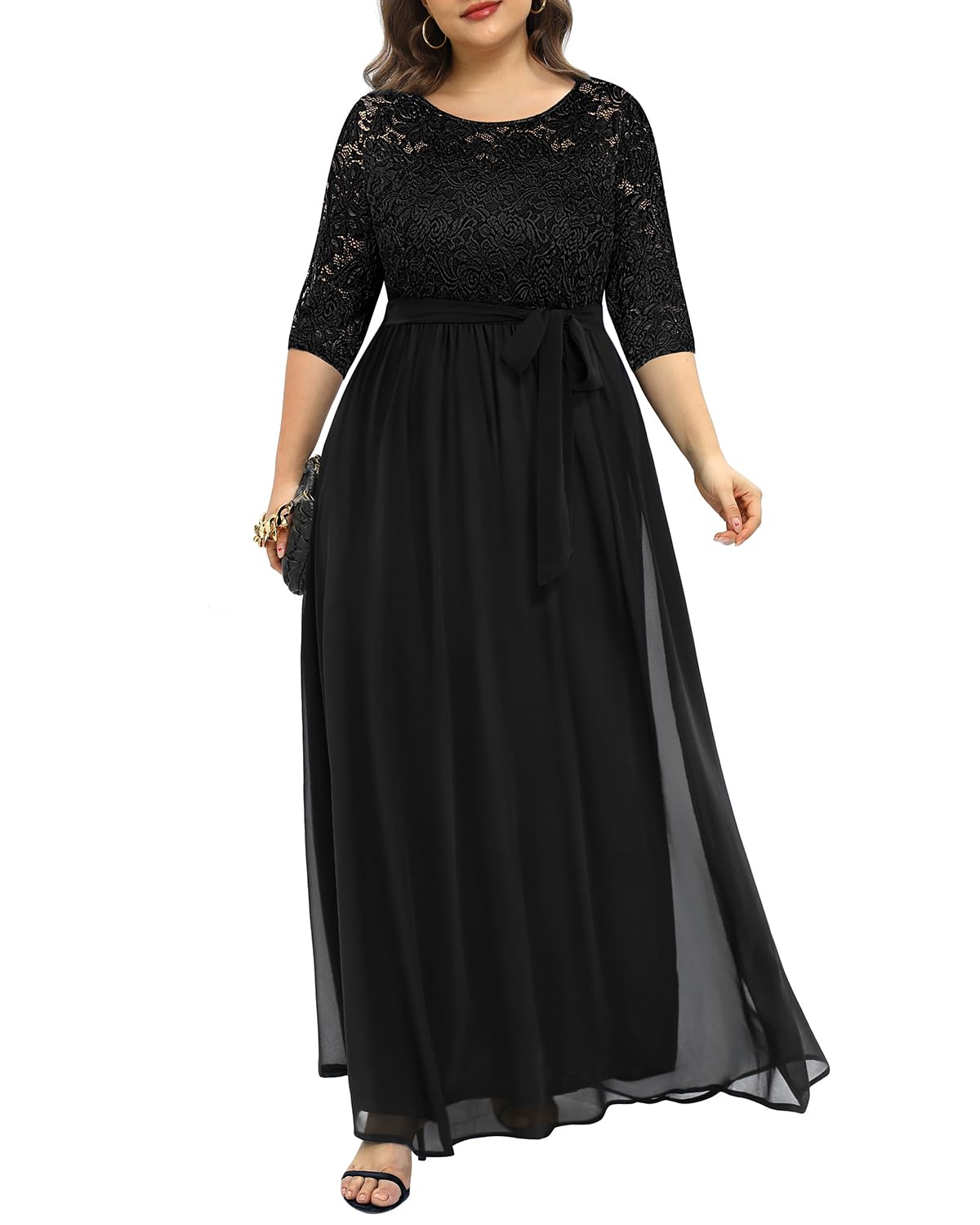 Plus Size Black Formal Gowns Evening Dresses Lace Wedding Prom Party 3/4 Sleeve Long Maxi Elegant Dresses for Women