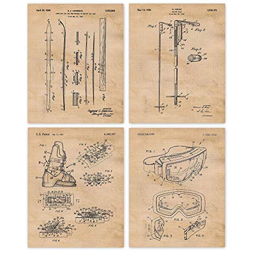 Vintage Ski Equipments Patent Prints, 4 (8x10) Unframed Photos, Wall Art Decor Gifts Under 20 for Home Office Man Cave Garage Shop College Student Teacher Coach Winter X-Games Team Champion Sports Fan