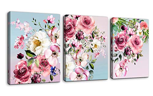 Flower Canvas Wall Art for Bedroom Woman Wall Decor Pink White Flowers Picture 3 Piece Framed Artwork Modern Plant Floral Canvas Prints for Kitchen Home Bathroom Girls Room Wall Decoration 12"x16"
