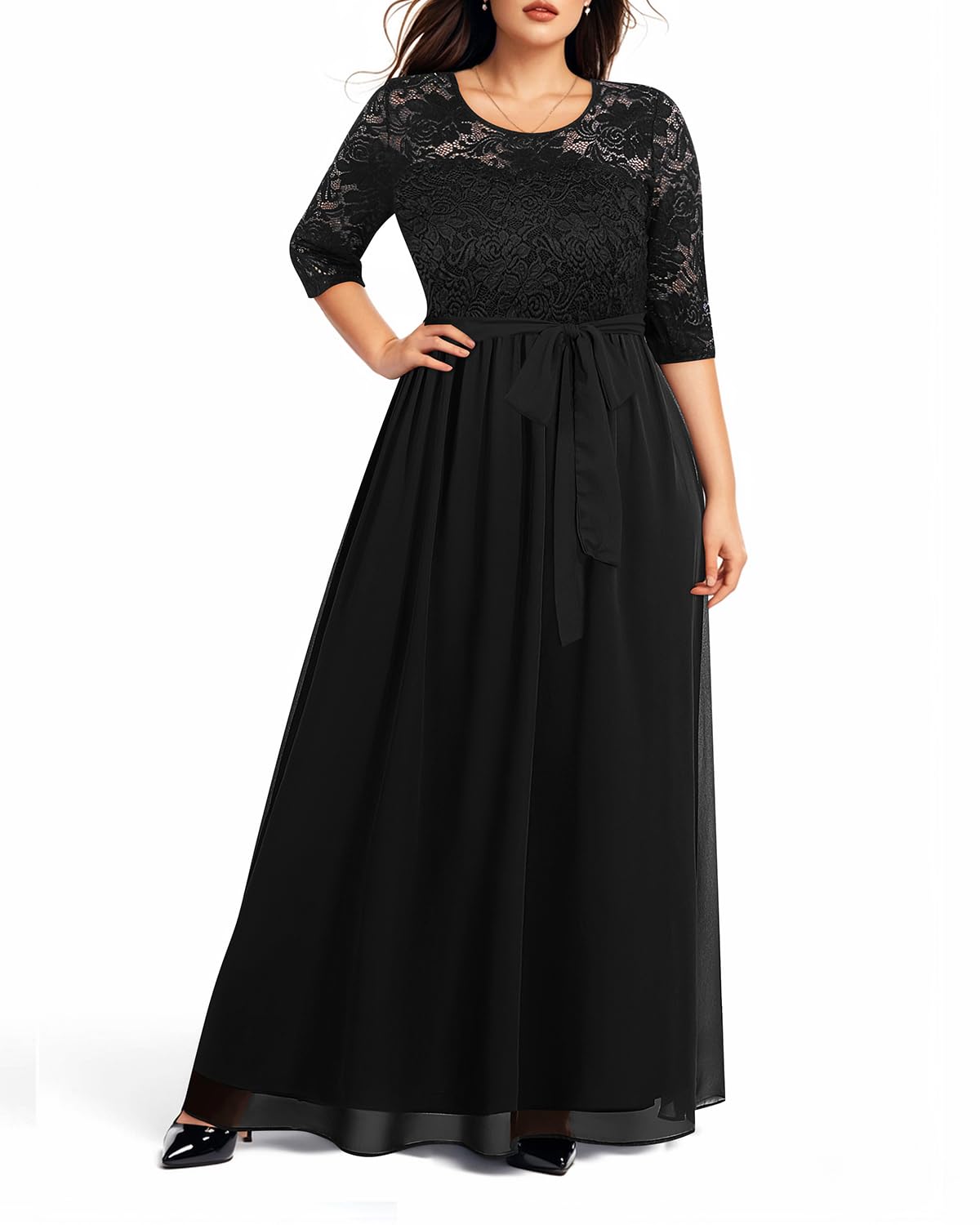 Plus Size Black Formal Gowns Evening Dresses Lace Wedding Prom Party 3/4 Sleeve Long Maxi Elegant Dresses for Women