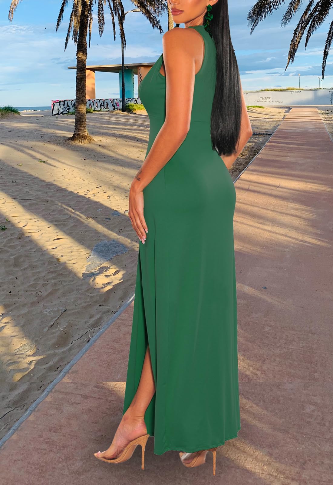 Sexy Maxi Dress for Women Sleeveless Front High Split Deep V Neck Party Long Bodycon Tank Dress