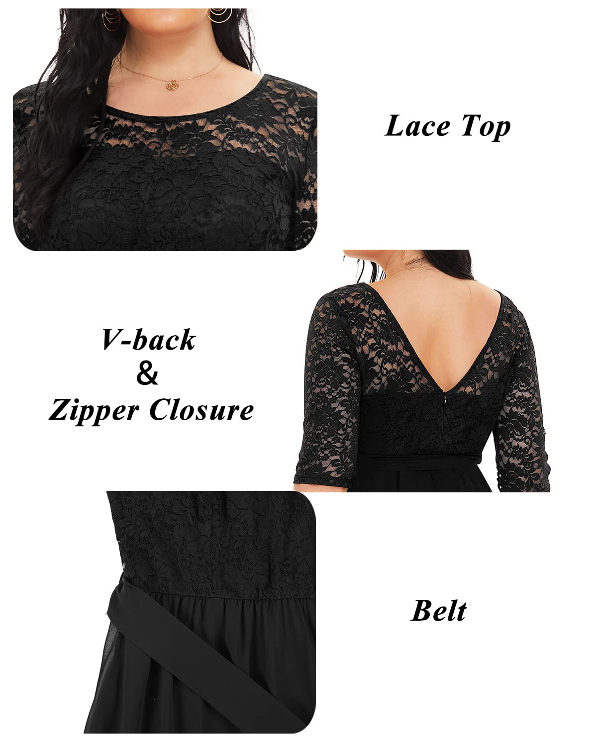 Plus Size Black Formal Gowns Evening Dresses Lace Wedding Prom Party 3/4 Sleeve Long Maxi Elegant Dresses for Women