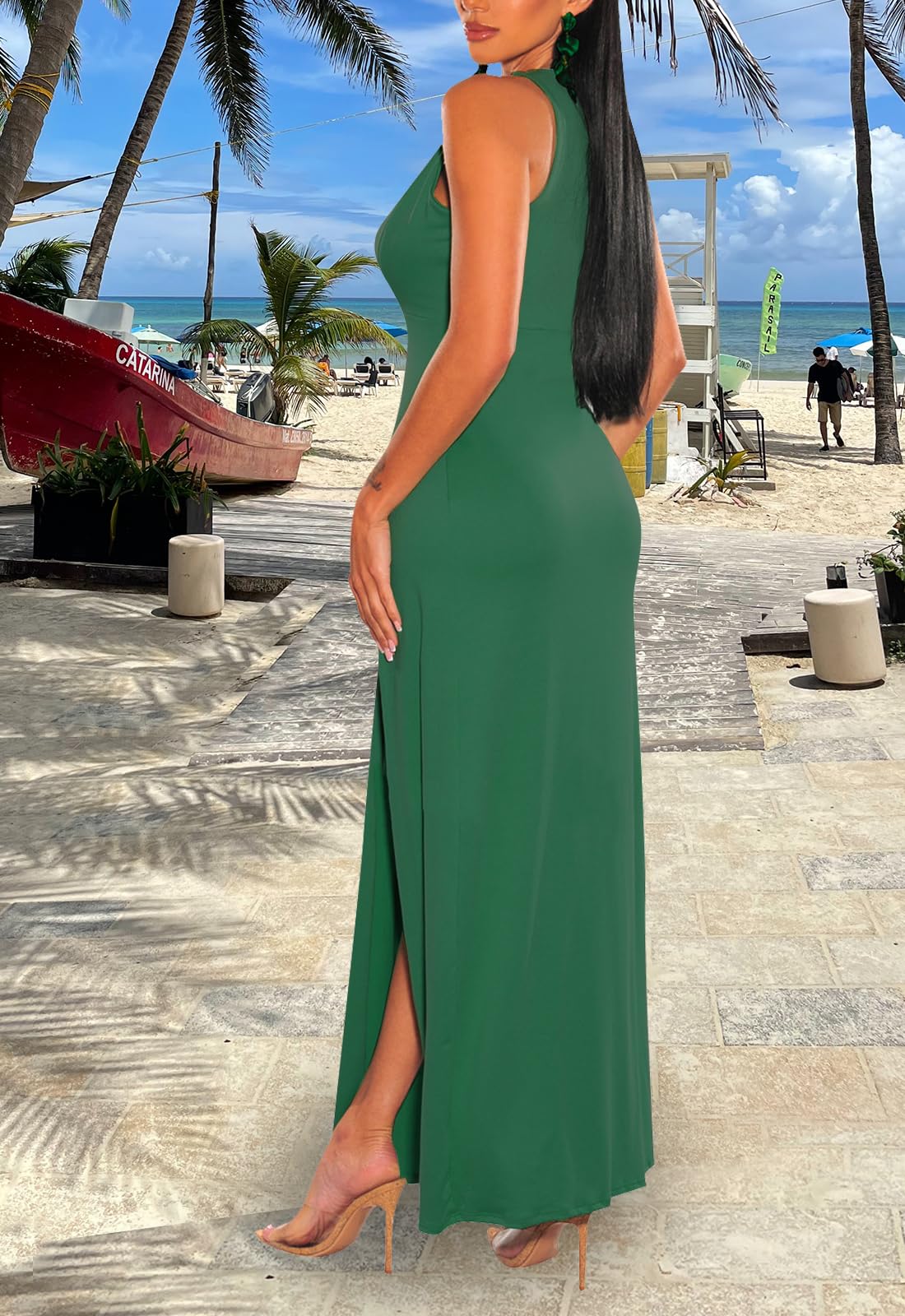 Sexy Maxi Dress for Women Sleeveless Front High Split Deep V Neck Party Long Bodycon Tank Dress