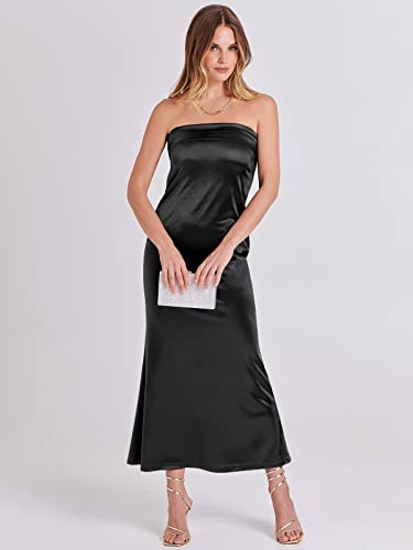ANRABESS Women Summer Wedding Guest Maxi Dress Strapless Satin Tube Bodycon Backless Cocktail Formal Dresses 2025 Spring Black