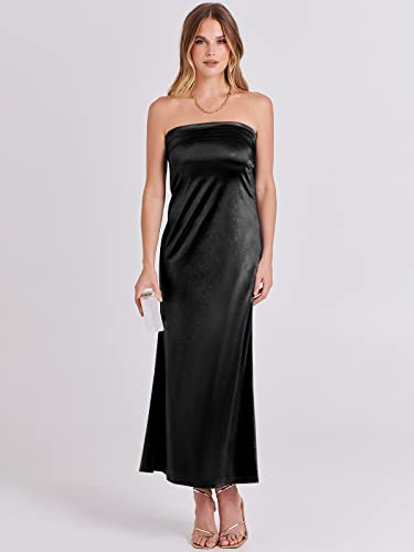 ANRABESS Women Summer Wedding Guest Maxi Dress Strapless Satin Tube Bodycon Backless Cocktail Formal Dresses 2025 Spring Black