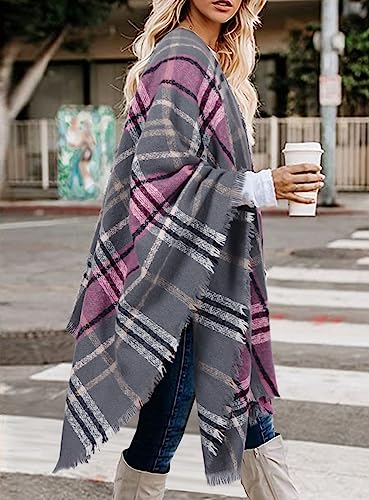 Bestshe Women's Boho Open Front Poncho Knitted Plaid Shawl Wrap Cape Tassel Cardigan Sweater